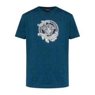 Versace Besticktes Slim-T-Shirt aus Baumwolljersey - - Tops - Herren - Blau - 2XL