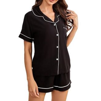 Generic Ensemble de pyjama 2 pièces pour femme, ensemble de pyjama à manches courtes, vêtements de nuit tendance TP à XL, Noir, XS