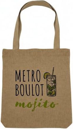 Fabulous Sac Shopping Tote Bag Aspect Lin - M&eacute;tro Boulot Mojito Ap&eacute;ro Rhum Cocktail - Sac de Courses Toile Epaisse 360g Beige Naturel Cabas Port&eacute; Epaule Solide