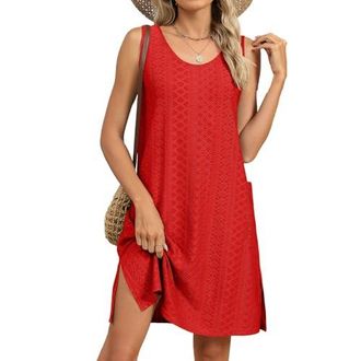 Generic Robe d&eacute;t&eacute; l&eacute;g&egrave;re pour femme - Robe courte - Sans manches - Col rond - Longueur genou - Robe de plage d&eacute;contract&eacute;e avec poches - Robe d&eacute;bardeur d&eacute;contr