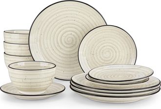 VANCASSO Geschirrsets f&uuml;r 4 personen 12-teilig BONBON Beige Tafelservice mit Teller und Schalen, Kombiservice mit Speisetellern, Dessertteller und Sch&uuml;sseln, H