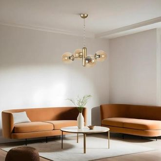 Opviq Elegant Amber & Gold Chandelier, Metal Body, 45 cm Diameter, 70 cm Height, E27 Socket Max 40W, IP20 | Perfect for Modern Living Spaces & Dining Rooms