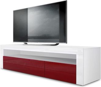 Vladon Lowboard Valencia, Made in Germany, TV-Kommode mit 1 offenem Fach und 2 Klappen, Weiß matt/Bordeaux Hochglanz/Weiß Hochglanz (155 x 46 x 40 cm)