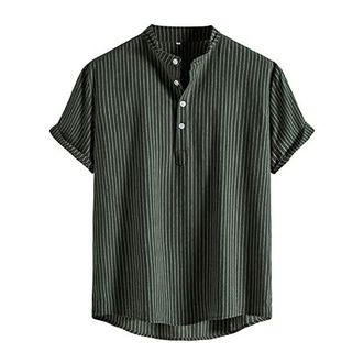 Generic Chemise en coton et lin pour homme - Chemisier dentra&icirc;nement d&eacute;contract&eacute; - Haut solide - Chemise ample &agrave; manches courtes - Col montant - Chemisier l&eacute;g