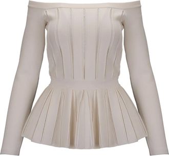 Elisabetta Franchi Femme, Blouses et Chemises, Beige, Taille: 42 FR Pull en maille c&ocirc;tel&eacute;e &agrave; col rond et mini-jupe