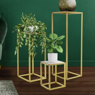 ML Design ML-Design Blumenst&auml;nder 3er Set aus Metall in Gold, 22x22x30/26x26x60/30x30x90 cm, Deko Blumenhocker Blumens&auml;ule S&auml;ulentisch Pflanzenst&auml;nder Blumentop