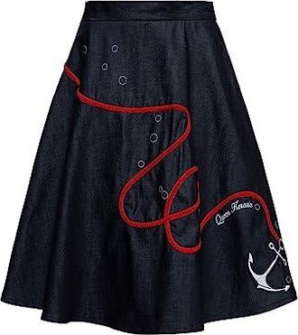 Queen Kerosin Jupe swing pour femme | Rocknroll | Midi | Jupe à la taille | Ancre cintrée, bleu foncé, XS