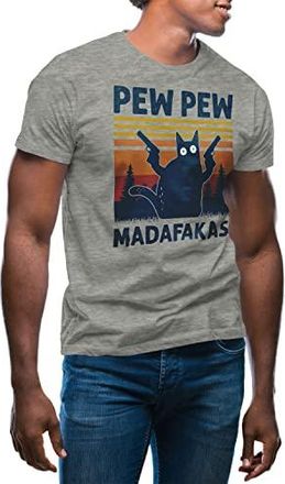 Generic Vintage Pew Pew Madafakas Motherfuckers Cat with Guns T-Shirt Gris pour Homme Size L