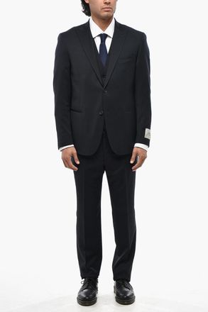 Corneliani CC COLLECTION Dreiteiliger Anzug mit Weste aus Schurwolle, zwei Seitenschlitzen und Spitzrevers Corneliani