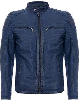 Infinity Leather Veste Motard Ancien en Cuir Bleu Marin Matelassé Pour Hommes Courses Zippée XL
