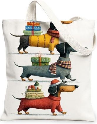 Generic Sac fourre-tout en toile motif chien de No&euml;l, adorable motif animal, sacs d&eacute;picerie r&eacute;utilisables, classiques dhiver, l&eacute;gers, lavables, blanc, 13x15 I
