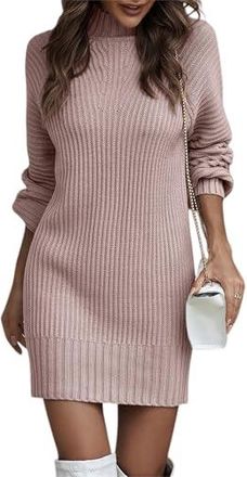 Generic Mini robe pull &agrave; col roul&eacute; et manches longues en tricot c&ocirc;tel&eacute; chaud extensible et manches chauve-souris surdimensionn&eacute;e pour lhiver, rose, 3XL