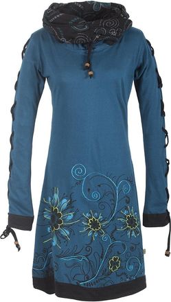 vishes Alternative Bekleidung - Bedrucktes Langarm Damen Blumen Kleid mit Schalkragen und Schn&uuml;ren t&uuml;rkis 38-40