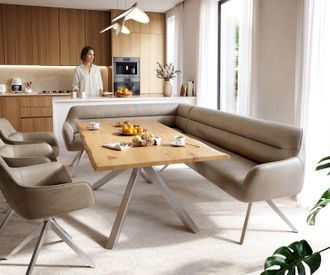 DELIFE Esszimmerbank Taya-Flex 285x190 cm Mikrofaser Beige Vintage Kreuzgestell kantig Edelstahl Taschenfederkern Rechts, Eckb&auml;nke