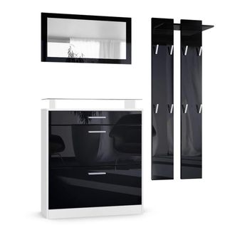 Vladon Garderobe Loret mini, Garderobenset bestehend aus 1 Schuhschrank, 1 Wandspiegel und 2 Garderobenpaneele, Wei&szlig; matt/Schwarz Hochglanz