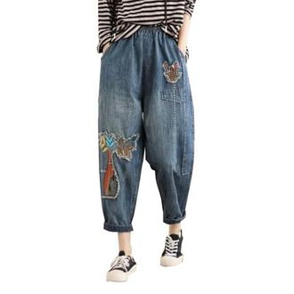 Generic Jean taille haute pour femme Y2K Baggy Flower brod&eacute; &eacute;lastique jean droit jambe large pantalon d&eacute;contract&eacute; artistique 7 pouces jeans streetwear, kaki, 