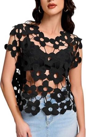 Generic Haut court en dentelle florale ajourée pour femme, gilet sans manches à col rond, haut de sortie Y2K, gilet au crochet 2025, Noir, Taille unique