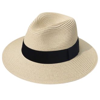 Dreshow Damen Panama Hut Breiter Krempe Stroh Sommer Fedora Strohhut Panama Aufrollen Hut Strand Rollbar UV Sonnenhut UPF 50 +