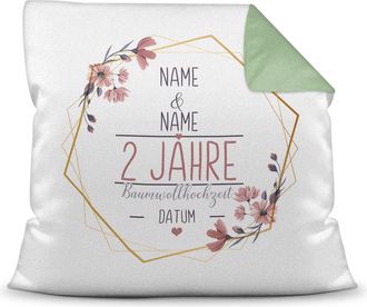 Tassendruck Kissen Hochzeitstag Baumwoll Hochzeit - mit Name & Datum selbst gestalten - 2 Jahre Ehe, Geschenk Hochzeit, Jubiläum, Jahrestag - Farbkissen Rückseite