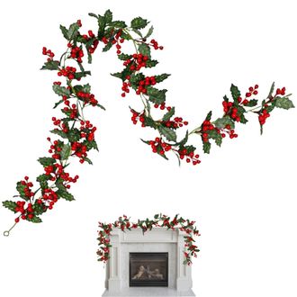 Generic Weihnachts-Laubgirlande, 1,74 m, k&uuml;nstliche Dekoration f&uuml;r Weihnachten, Eukalyptus-Girlande mit roten Beeren, f&uuml;r Innen- und Au&szlig;enbereich, Schlafzimme