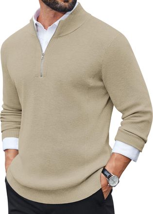 Coofandy Pullover Herren Zip Pullover Strickpullover Rollkragenpullover Langarm Winterpullover Feinstrick Sweater M&auml;nner Pulli Hellbraun XXL