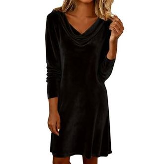 Generic Robe en velours avec col cascade pour femme - Robe &agrave; manches longues pour lhiver 2025 - Robe jaune pour femme Belle, Noir, XXL