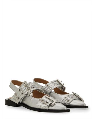 Ganni Buckle Detail Ballet Flat - Silver