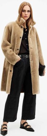 AllSaints Serra - Lammfellmantel in Taupe-Braun-Brown