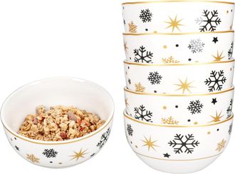 MamboCat 6er Set Stars schwarz & Gold Müsli-Schale I 450ml I 6 Personen I Steingut-Schüssel mit Sternen & Schneeflocken für Salat, Kekse & Co. an Weihnachten