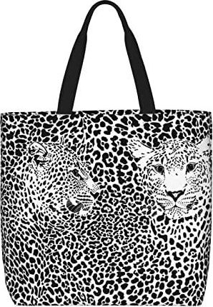 Generic Sac Fourre-Tout Imprim&eacute; L&eacute;opard Et Tigre Noir Et Blanc Sac &Agrave; Dos Lavables De Grande Capacit&eacute; Sacs En Toile Pour Femmes, Pour Shopping, &Eacute;cole, Femmes, 