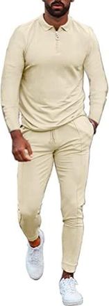 Onsoyours Ensemble Homme 2 pièces Manche Longue Pantalon Couleur Unie Jogging Survêtement de Sport pour Hommes Confortable Survêtement B Beige S