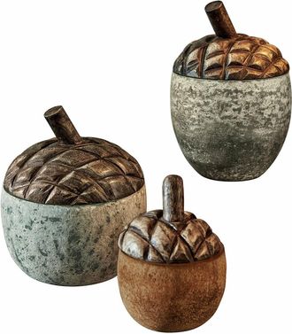 Loberon Eichel 3er Set Vibius, DREI Größen, handgeschnitzte Deckel, hübsche Form, Dekoration, Aufbewahrung, Glas, Mangoholz, braun/grau