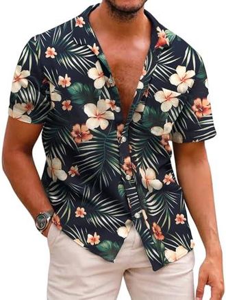 Coofandy Chemise Hawa&iuml;Enne pour Homme D&eacute;T&eacute; en Coton Manches Courtes Coupe Classique Plage Shirt Hawa&iuml;Enne Infroissable Palmbl&auml;tter-Gr&uuml;n und Orange L