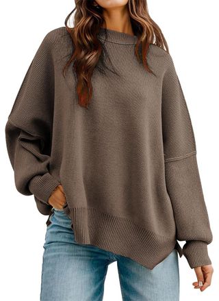 OLIPHEE Einfarbig Strickpullover Damen mit Geschlitztem Saum Rundhals Pullover Damen Herbst Winter Elegant Sweater Damen Strick Kaffee XL