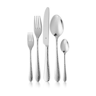 WMF Sitello Besteck Set 12 Personen, Cromargan, Essbesteck Set 60 teilig, Monobloc-Messer, Cromargan Edelstahl poliert, Hammerschlag, ergonomisch, gl&auml;nzen