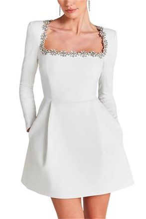 Generic Mini robe en velours pour femme avec col carr&eacute; et strass clout&eacute;s - Robe courte ajust&eacute;e et fluide - Robe de cocktail pour demoiselle dhonneur, blanc, X