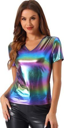 Allegra K Damen Metallic Shirt V-Ausschnitt Party Club Gl&auml;nzend Oberteile Bluse Blau Rosa XS