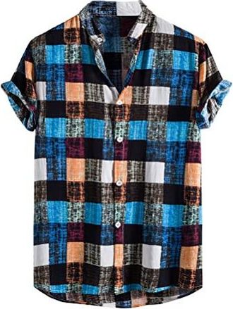 Onsoyours Chemise &agrave; Manches Courtes Rayures Color&eacute;es pour Hommes Ete Slim Fit Grande Taille Hawa&iuml;enne Carreaux Imprim&eacute; Plage D&eacute;Contract&eacute; Poche-Avant Tops Blouse