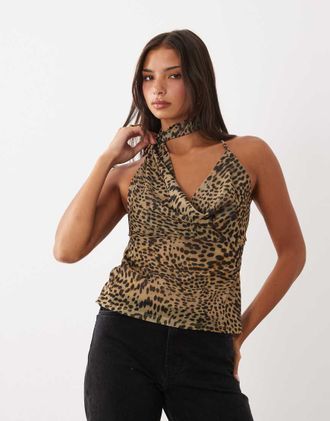 Gina Tricot Gina Tricot Neckholder-Top mit Schal und Leo-Print-Braun