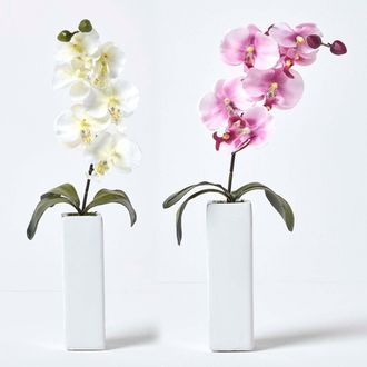 Homescapes 2er-Set K&uuml;nstliche Orchideen in Vase, cremewei&szlig; & rosa 43 cm, Kunst-Orchideen wie echt in Creme-wei&szlig;er Vase