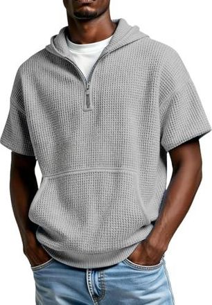Generic Sweat &agrave; capuche d&eacute;contract&eacute; &agrave; manches courtes avec poche pour homme, gris, S