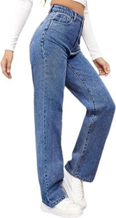Generic Jean à jambe droite pour femme - Taille haute - Taille élastique - Extensible - Couleur unie - Coupe ajustée - Pantalon Palazzo avec fermeture éclair 
