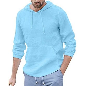 Generic Chemise en coton et lin pour homme - Chemisier dentra&icirc;nement &agrave; manches longues r&eacute;tro - Solide - Chemisier ample pour homme, bleu, XXL