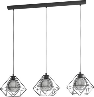 Eglo Pendelleuchte Vernham, 3 flammige Hängelampe Vintage, Industrial, Retro, Hängeleuchte aus Stahl und Rauchglas, Schwarz, Esstischlampe hängend mit E27 