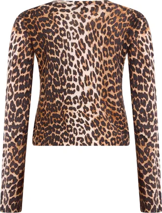 Ganni Leopard-Print Wool Cardigan - Brown