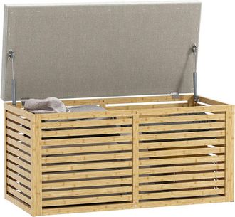 HOMCOM Banc de rangement - HOMCOM - rembourr&eacute; tissu aspect lin - couvercle et structure en bambou - 90 x 42 x 43 cm - gris et naturel