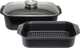 ELO Duo Vital Aluguss Br&auml;ter m. D&uuml;nsteinsatz, Aluguss, hochwertige keramische Versiegelung mit Antihafteffekt, Glasdeckel, D&uuml;nsteinsatz aus Carbon, f&uuml;r al