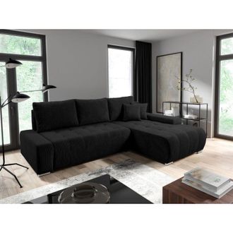 Fun Möbel Ecksofa Sofa mit Schlaffunktion vogar Stoff Poso Schwarz Ottomane Rechts