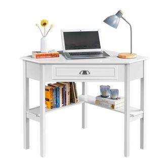 Yaheetech Schreibtisch Ecktisch Platzsparender Computertisch mit Schublade und Regalen Eckschreibtisch f&uuml;r Kleiner Raum, 106 &times; 71,5 &times; 77 cm Wei&szlig;