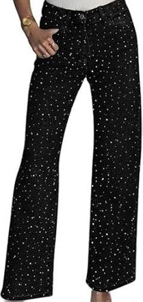 Generic Pantalon taille haute pour femmes avec strass, jeans baggy, coupe droite et large, denim d&eacute;contractant, Noir, XXL